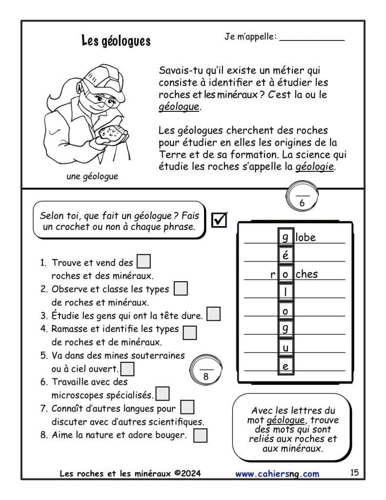 Les roches et les minéraux (4e) - Géologue — Fiches reproductibles pour ...